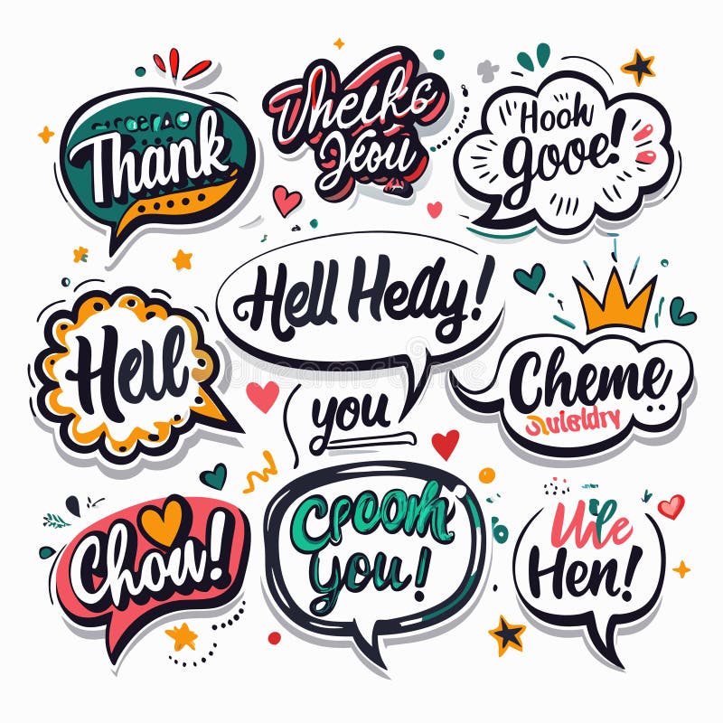A Set of Nine Colorful Speech Bubbles with Fun and Quirky Greetings and ...