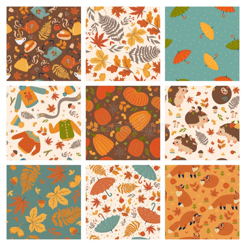 Set of Nine Cute Autumn Seamless Patterns. Vector Graphics Stock Vector ...