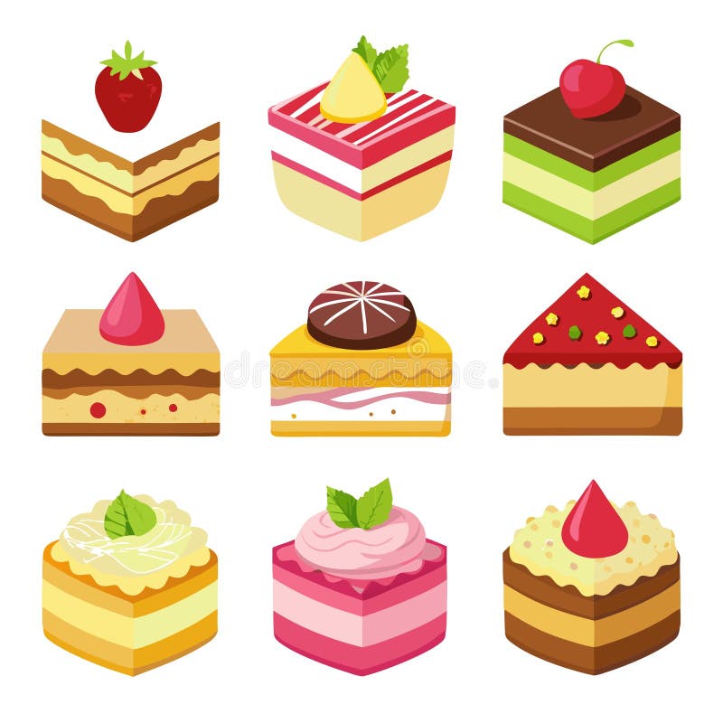 A Set of Nine Different Types of Cakes, Including Strawberry, Chocolate ...