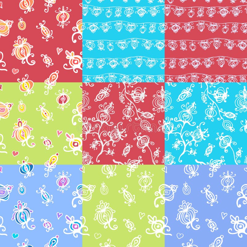 Set of Nine Floral Seamless Patterns Stock Illustration - Illustration ...