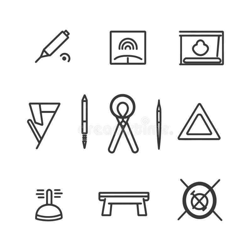Collection of Hand-Drawn Drafting Tools and Art Supplies Icons Stock ...