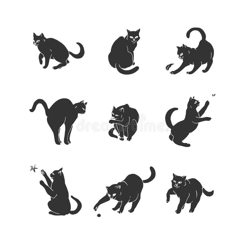 Set of Nine Hand Drawn Playful Cats. Stock Vector - Illustration of ...