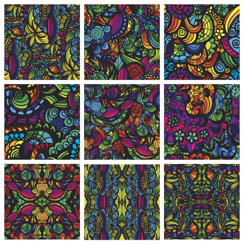 Set of Nine Hand-drawn Seamless Patterns Stock Vector - Illustration of ...