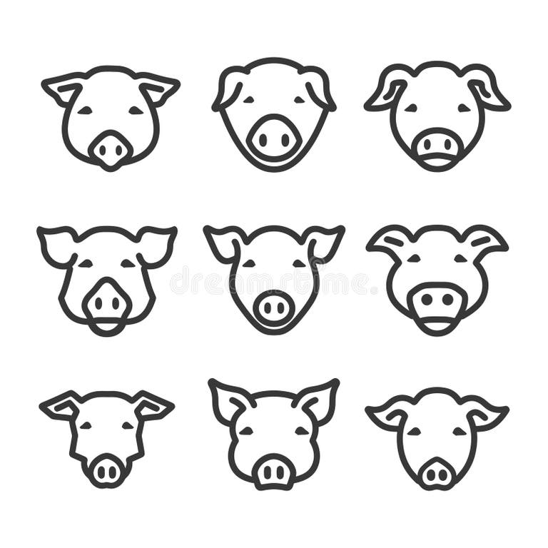 Nine Outline Pig Icons: Farm Animal Set for Graphic Design Stock Vector ...