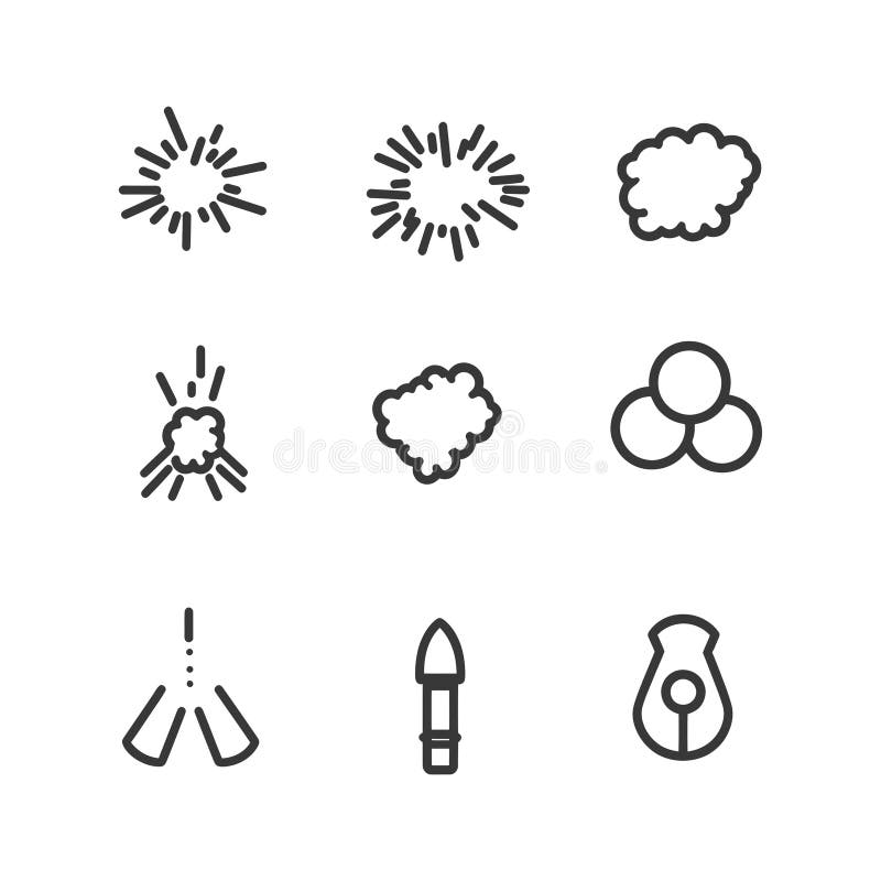 Collection of Nine Simple Line Icons: Explosions, Clouds, and More ...