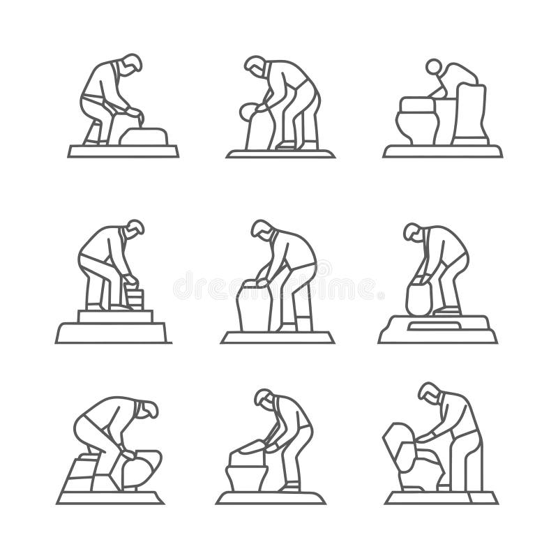 Nine Line Icons: Man Working with Construction Materials Stock Vector ...
