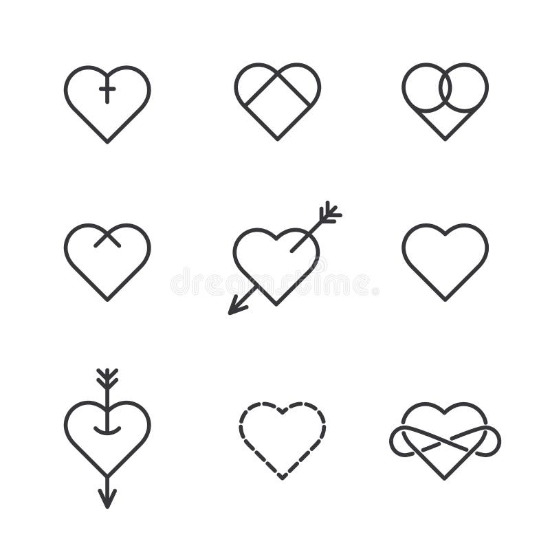 Set of Nine Lined Hearts in Tattoo Style Stock Illustration ...