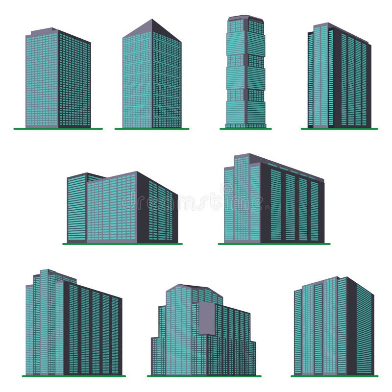 Set of Nine Modern High-rise Building on a White Background Stock ...