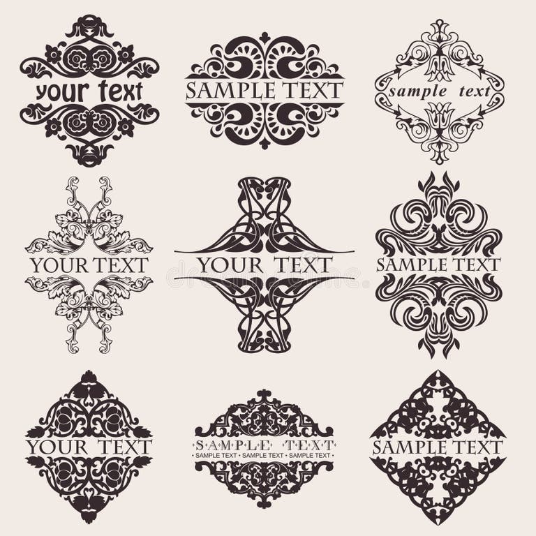 Set of Nine Ornate Banner Text Quad Stock Vector - Illustration of ...
