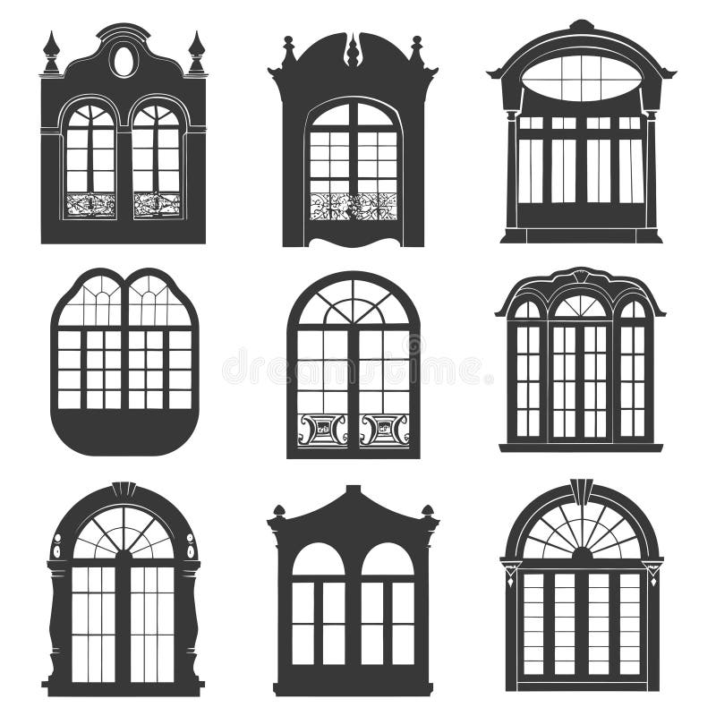 Collection of Nine Elegant Black Silhouette Windows, Architectural ...