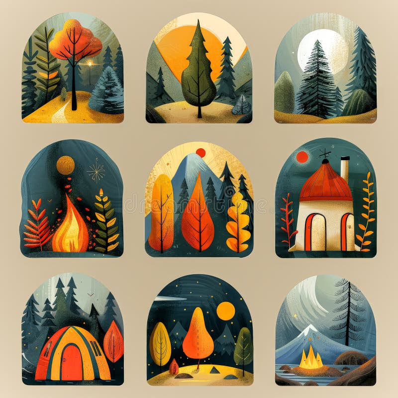 A Set of Nine Paintings of Different Scenes of Nature Stock Image ...