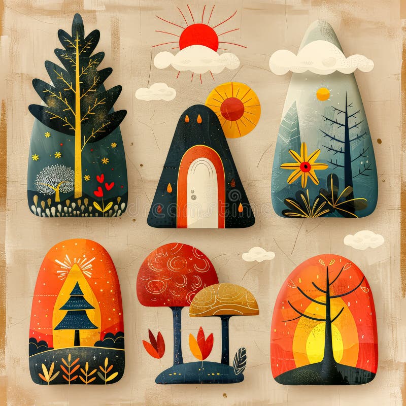 A Set of Nine Paintings of Different Scenes of Nature Stock Photo ...