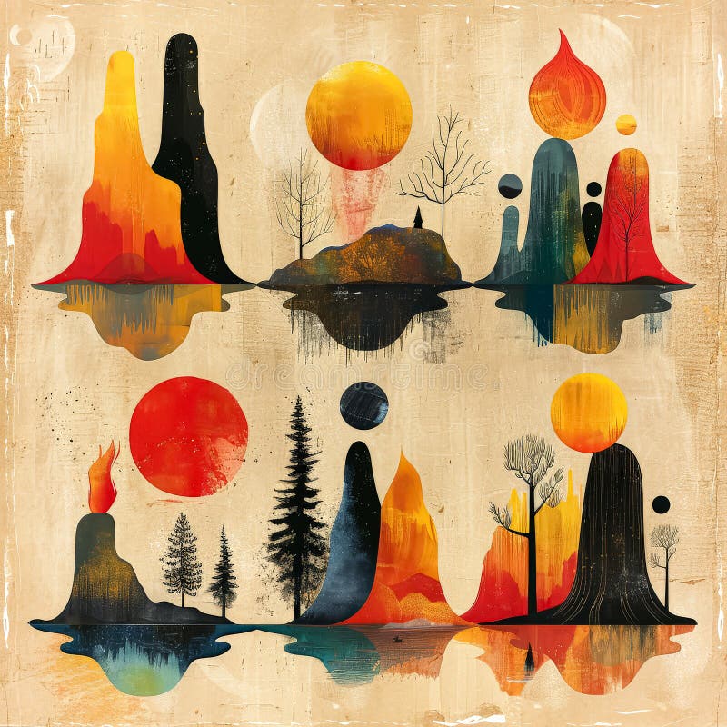 A Set of Nine Paintings of Different Scenes of Nature Stock Photo ...