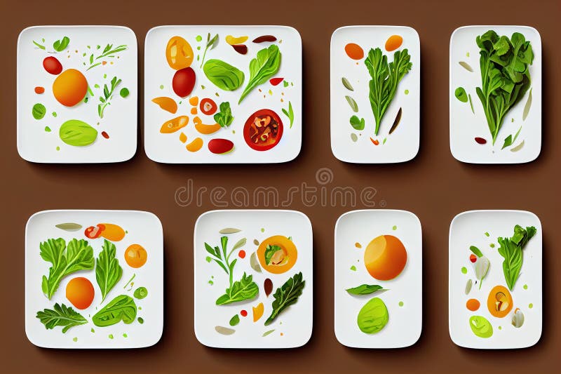A Set of Nine Plates with Different Types of Vegetables on Them Stock ...