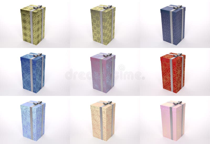 3D Render : a Set of Nine Present Boxes with the Different Wrap Texture ...