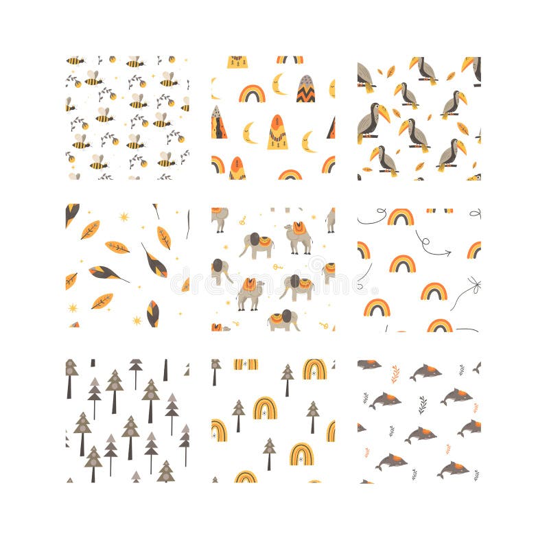 Set of Nine Seamless Patterns in Scandinavian Style. Hand Drawing ...