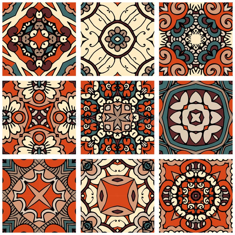 Set of Nine Square Ceramic Tiles with Decorative Ornament. Seamless ...