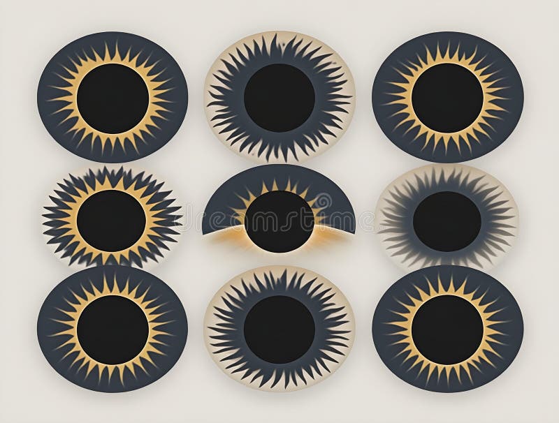 Set of Nine Stylized Solar Eclipse Designs with Unique Corona Effects ...