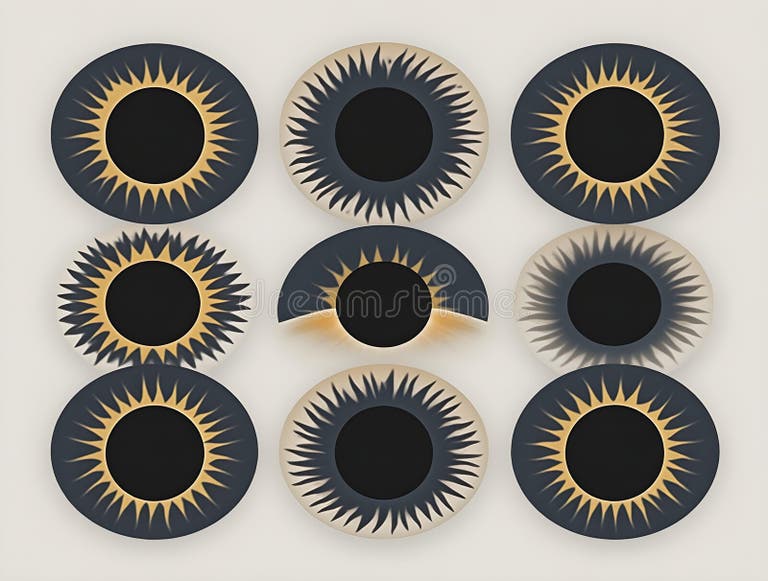 Set of Nine Stylized Solar Eclipse Designs with Unique Corona Effects ...