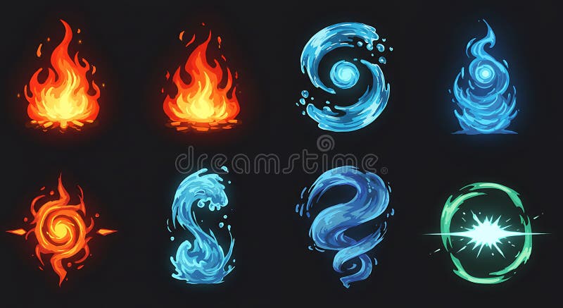 Colorful Fire and Water Element Icons for Game Design Stock ...