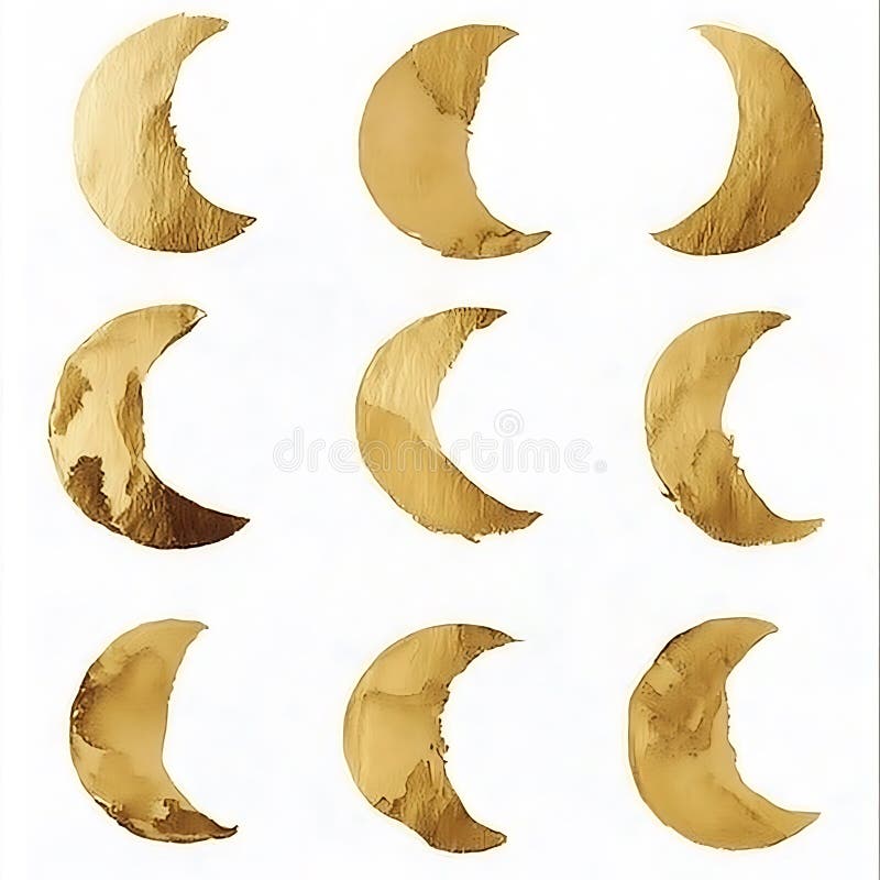 Set of Nine Watercolor Gold Crescent Moons on White Background Stock ...