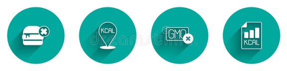 Set No Burger, Kcal, GMO and Diet Plan Icon with Long Shadow. Vector ...