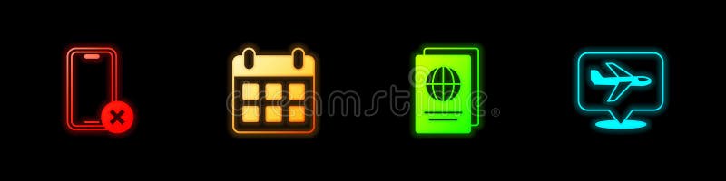Set No Cell Phone, Calendar and Airplane, Passport and Plane Icon ...