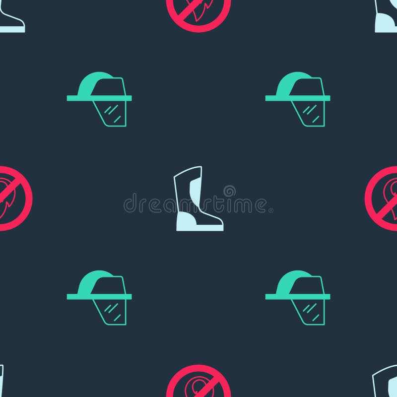 Set No Fire, Fire Boots and Firefighter Helmet on Seamless Pattern ...