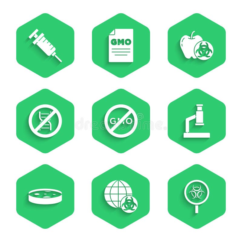 Set No GMO, Biohazard and Magnifying Glass, Microscope, Petri Dish with ...