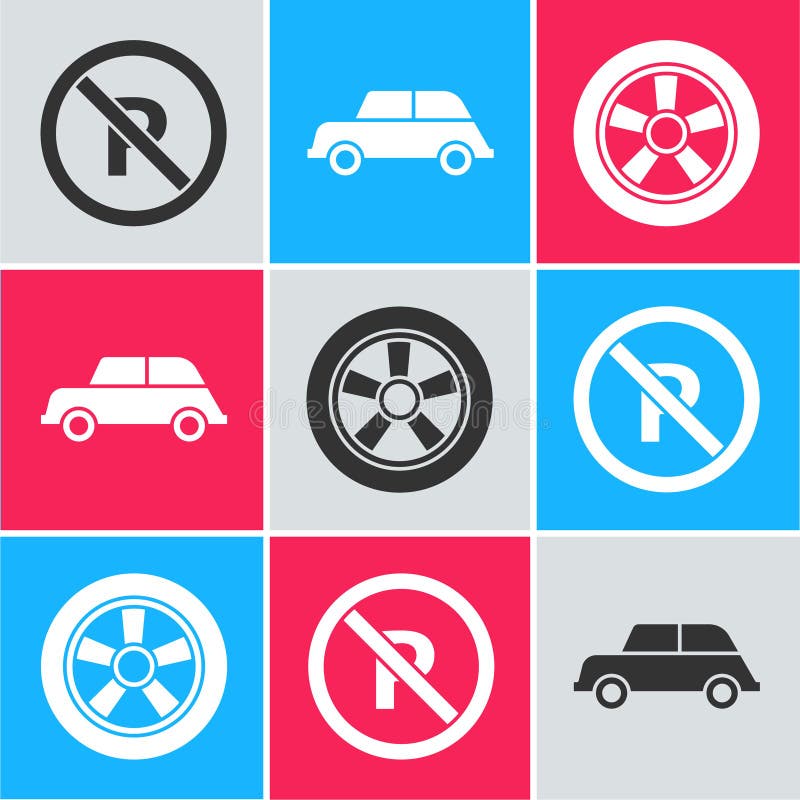 Set No Parking or Stopping, Car and Car Wheel Icon. Vector Stock Vector ...