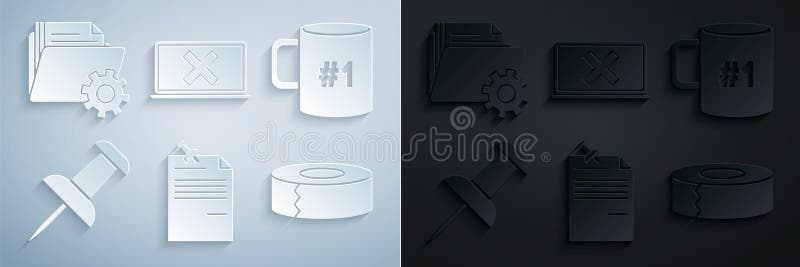 Set Note Paper with Pinned Pushbutton, Coffee Cup Flat, Push, Scotch, Laptop and Cross Mark ...