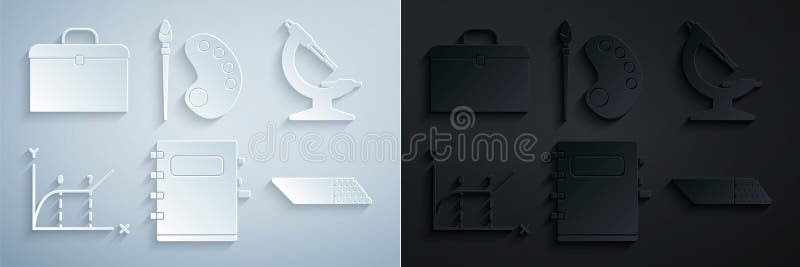 Set Notebook, Microscope, Pie Chart Infographic, Eraser or Rubber ...