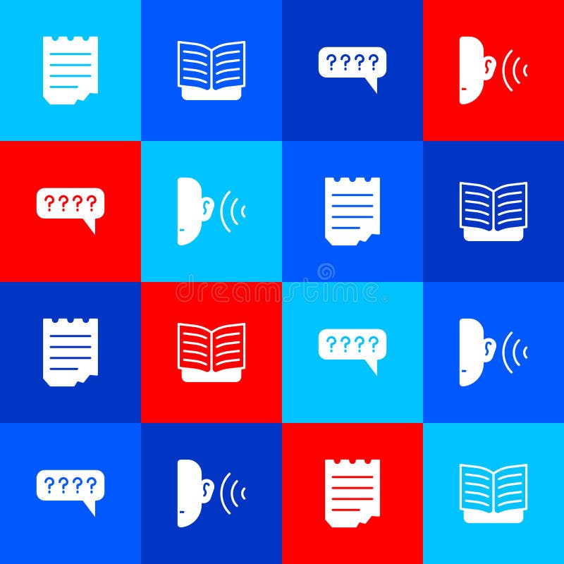 Set Notebook, Open, Speech Bubbles with Question and Ear Listen Sound ...