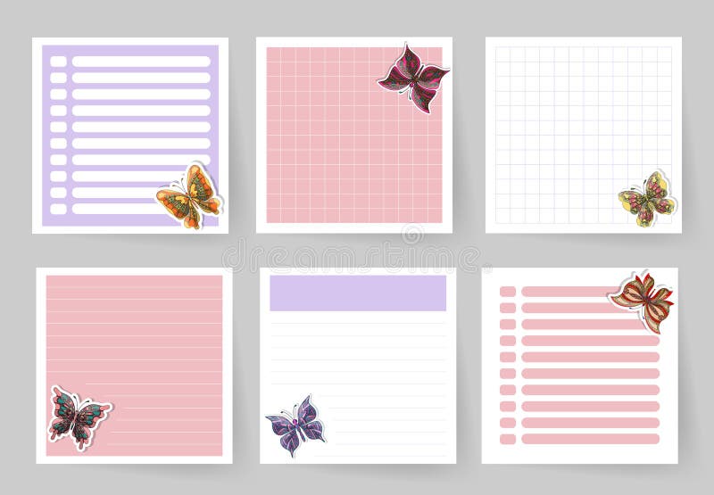 A Set of Notebook Pages with Cute Butterflies. Template for Planning ...