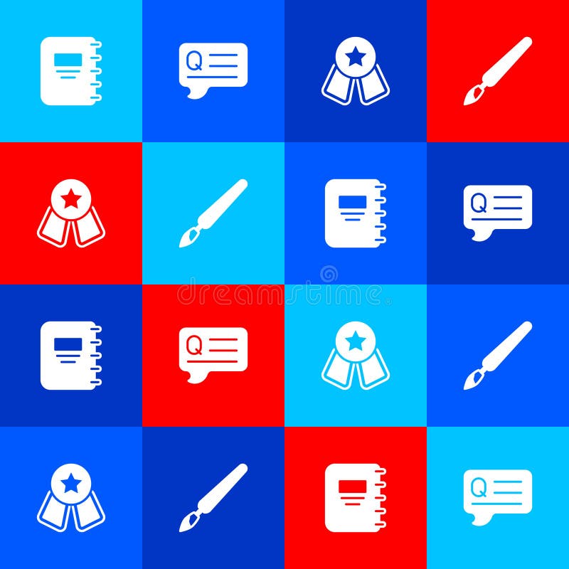 Set Notebook, Speech Bubbles with Question, Medal Star and Paint Brush ...