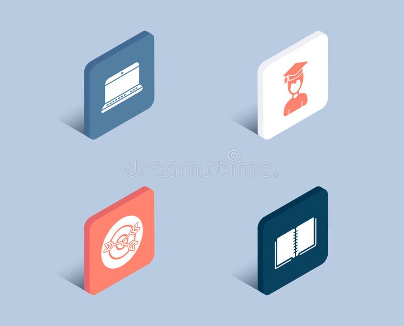 Notebook, Student and Targeting Icons. Book Sign. Laptop Computer ...