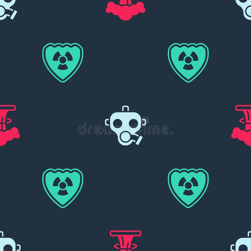 Set Nuclear Explosion, Gas Mask and Radioactive in Shield on Seamless ...