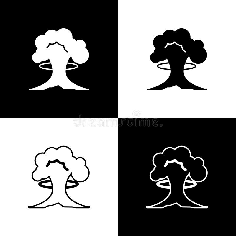Set Nuclear Explosion Icon Isolated on Black and White Background ...