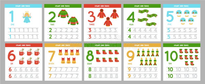 Set of Number Tracing Flashcards with Cute Winter Items. Stock Vector ...