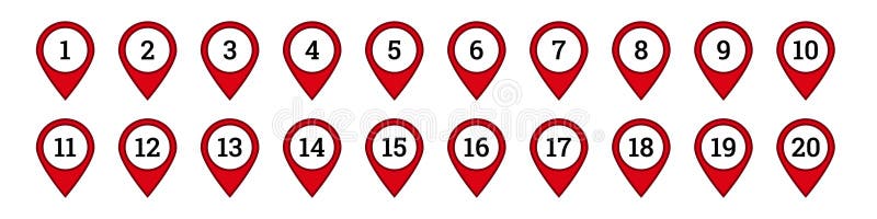 Set of Numbered Red Map Location Pins from One To Twenty Organized in a ...