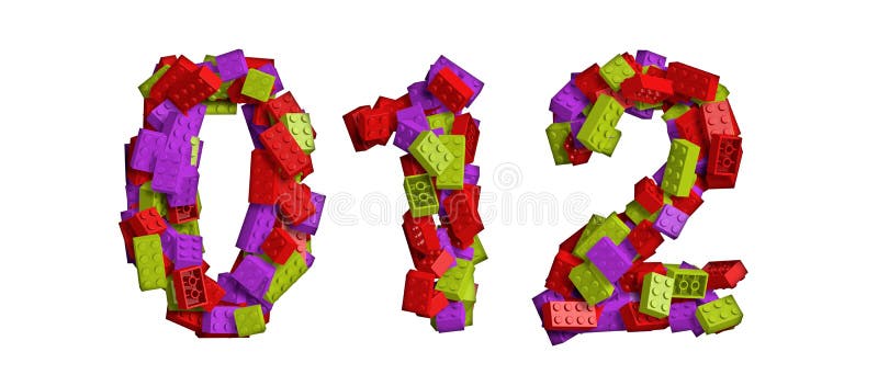 Set of Numbers Made of Colored Bricks, 3d Rendering, Zero, One, Two ...