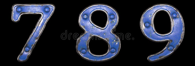 Set of Numbers 7, 8, 9 Made of Painted Metal with Blue Rivets on Black ...