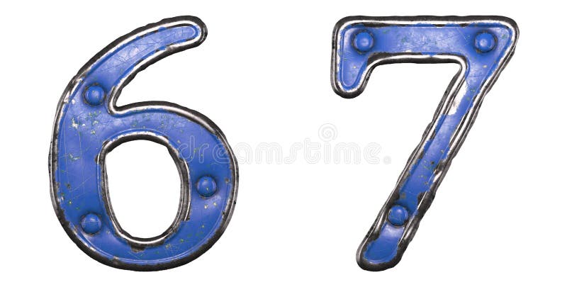 Set of Numbers 6, 7 Made of Painted Metal with Blue Rivets on White ...