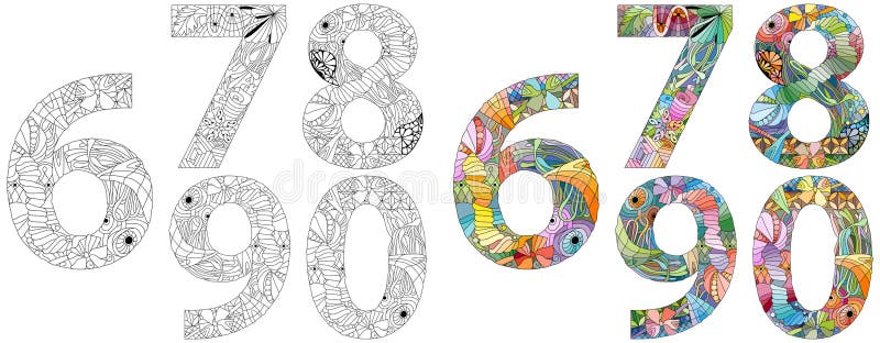 Set of Numbers Zero, Six, Seven, Eight, Nine for Coloring. Zentangle ...