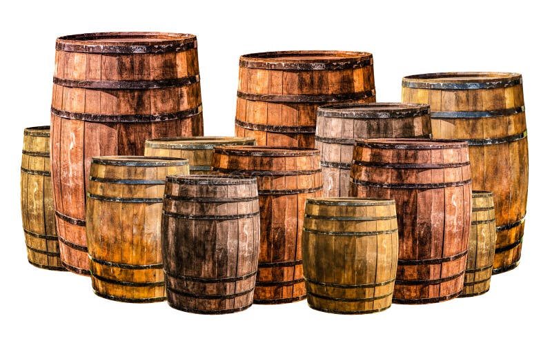 Set of Oak Barrels of Light Brown Different Sizes Large and Small on an ...
