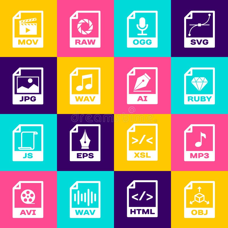 Set OBJ File Document, MP3, RUBY, OGG, WAV and JPG Icon. Vector Stock ... Set OBJ File Document, MP3, RUBY, OGG, WAV and JPG Icon. Vector Stock ...