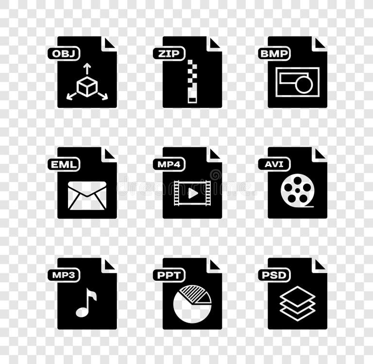 Set OBJ File Document, ZIP, BMP, MP3, PPT, PSD, EML and MP4 Icon. Vector Stock Vector ...