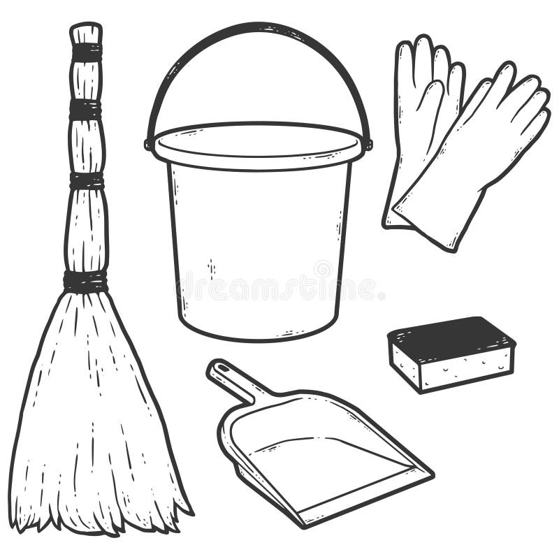 Set of Objects for Cleaning. Sketch Scratch Board Imitation Coloring ...