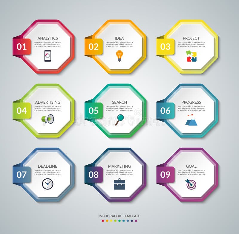 Set of 9 Octagon Elements for Infographics. Colorful Vector Banners ...