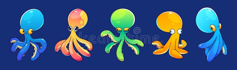 Octopus Characters Set Isolated on Black Stock Vector - Illustration of ...